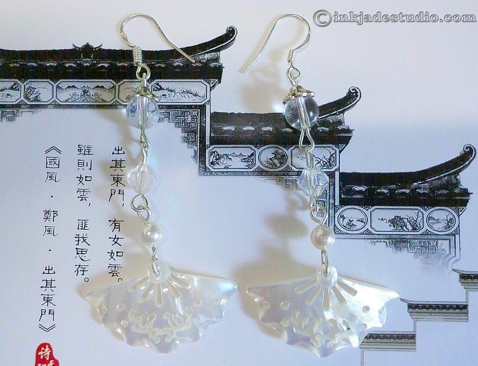 White Carved And Pierced Mother Of Pearl Shell Fan Earrings Ink Jade