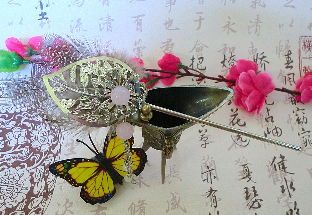 Chinese Rose Quartz Leaf Hairstick Hair Pin with Speckled Feathers Sale ...